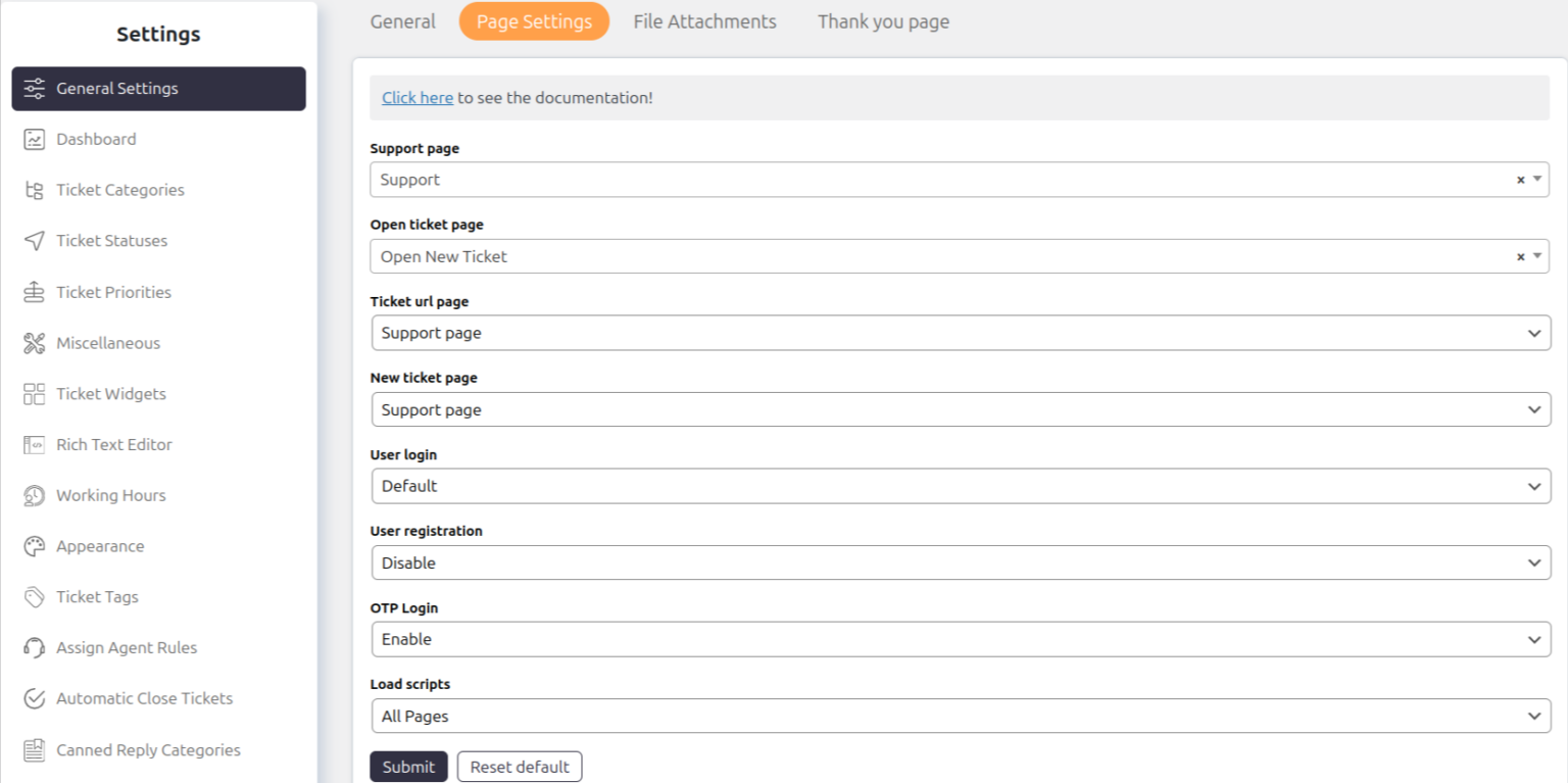 Page settings - SupportCandy